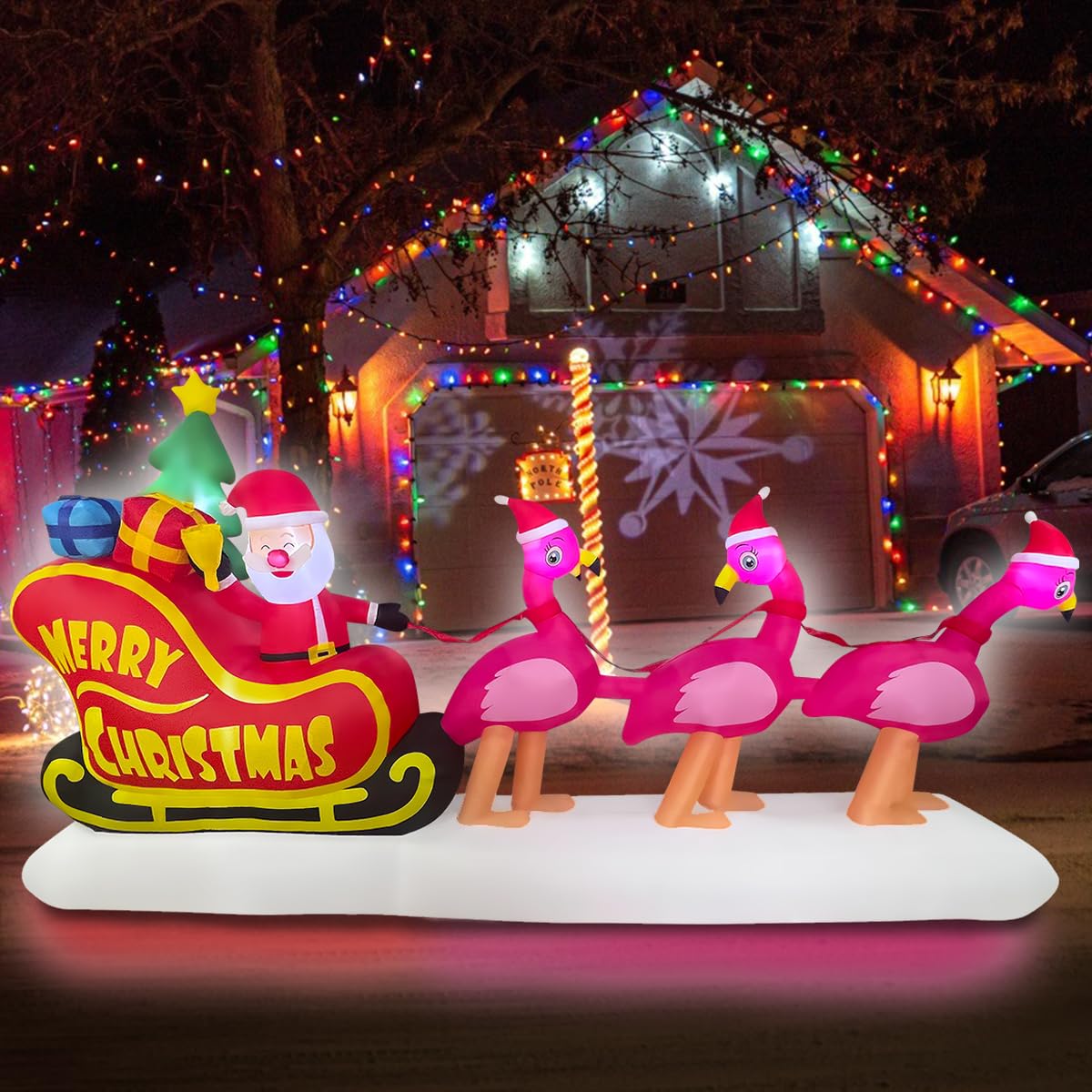 10ft Long Inflatable Christmas Flamingo Pull The Sleigh Take Santa Cla ...