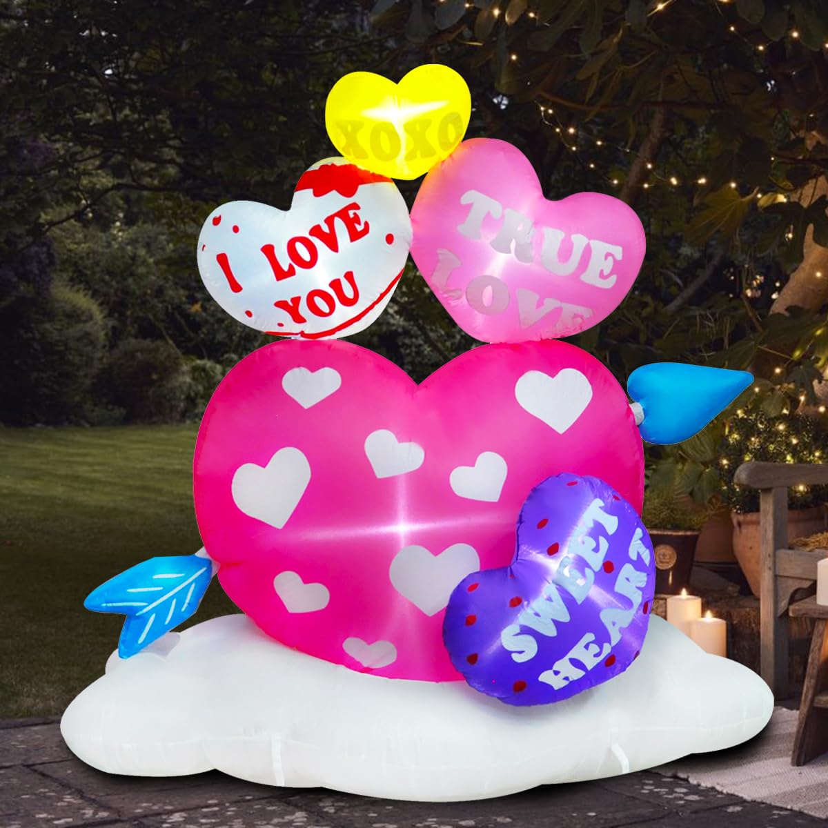 6ft Inflatable Valentine Hearts with Arrow Decoration, LED Blow Up Lig ...