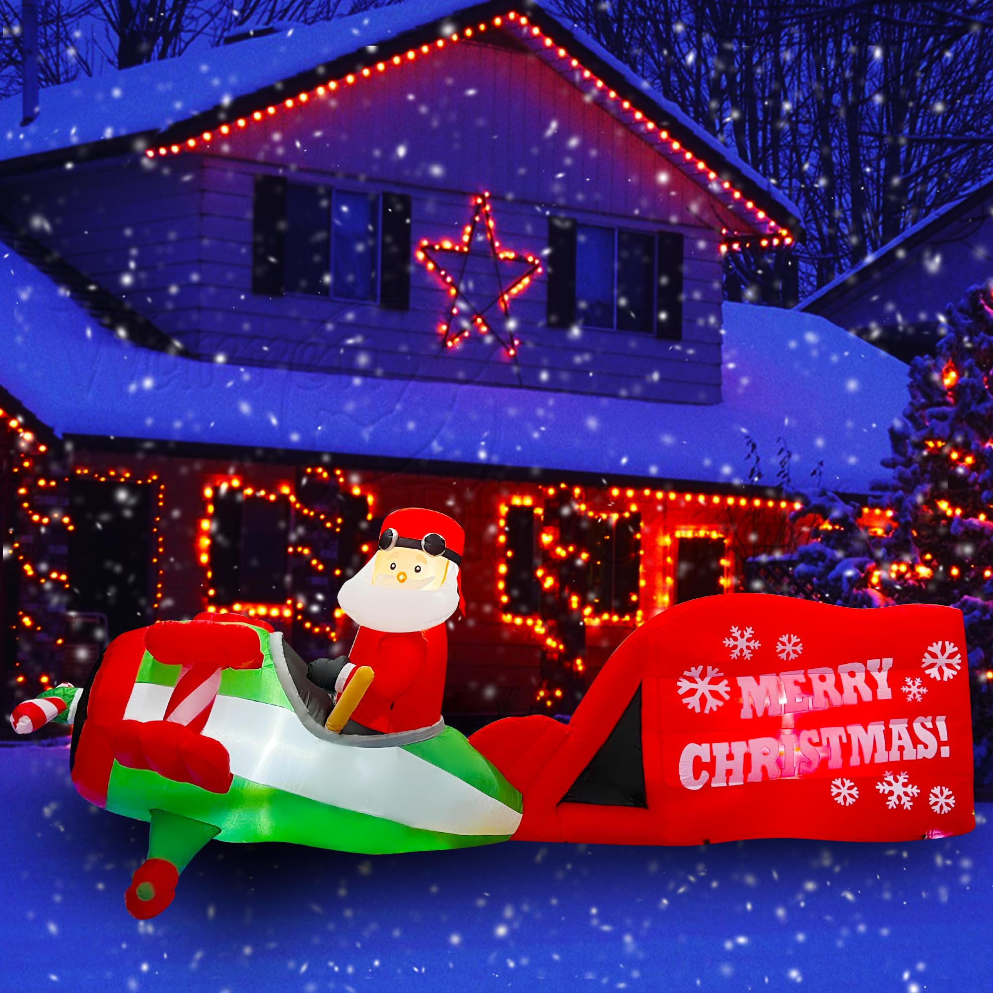 11FT Inflatable Christmas Santa Claus Flying Airplane Decoration Blow ...
