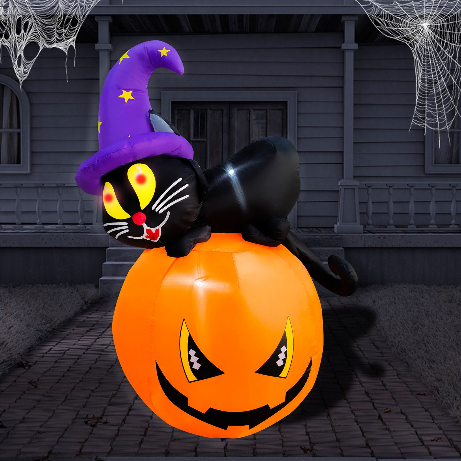 5 Ft Seasonblow Inflatable Halloween Red Eye Pumpkin Wizard Cat ...