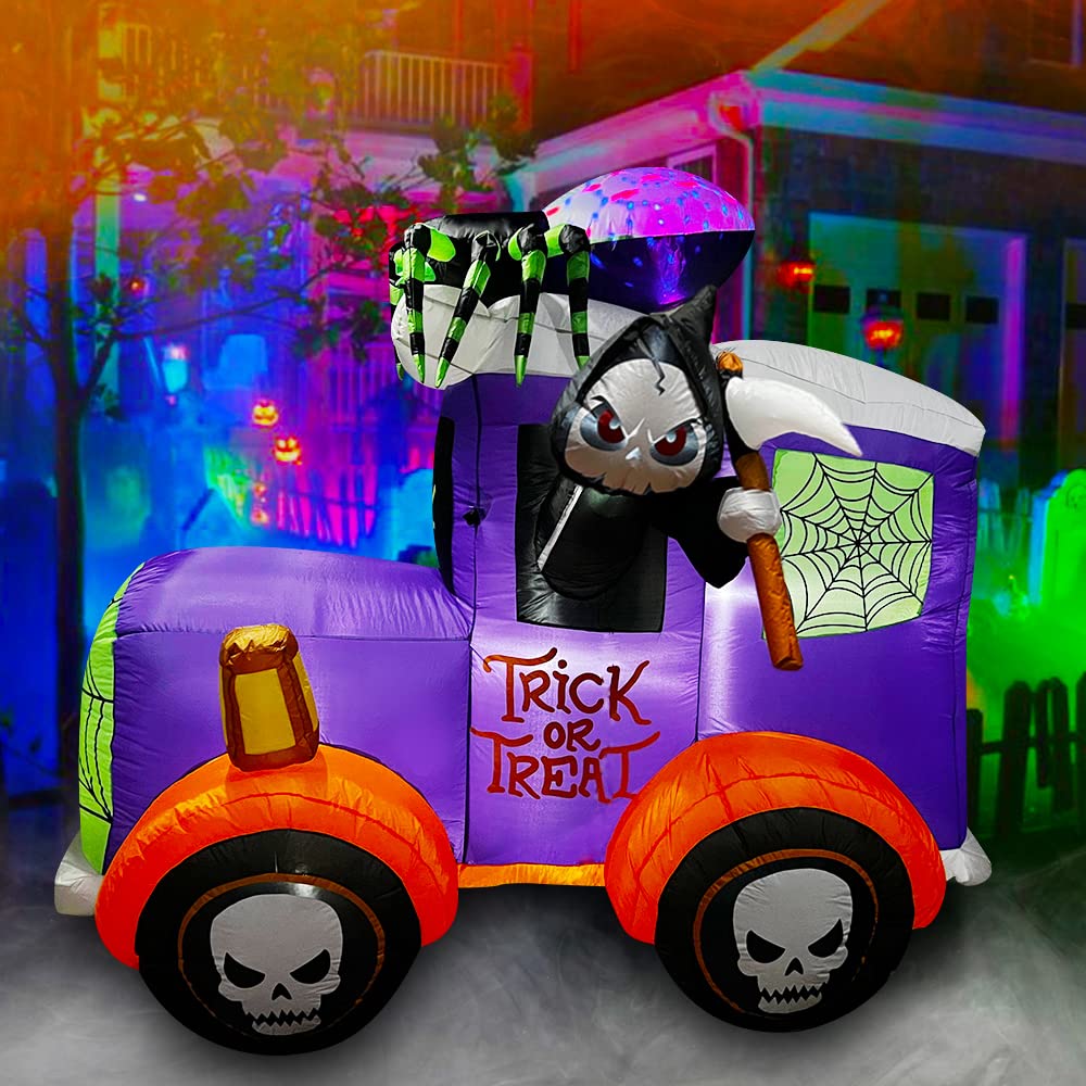 7 Ft Halloween Inflatable Grim Reaper Driving A Car with Spider LED Bl ...